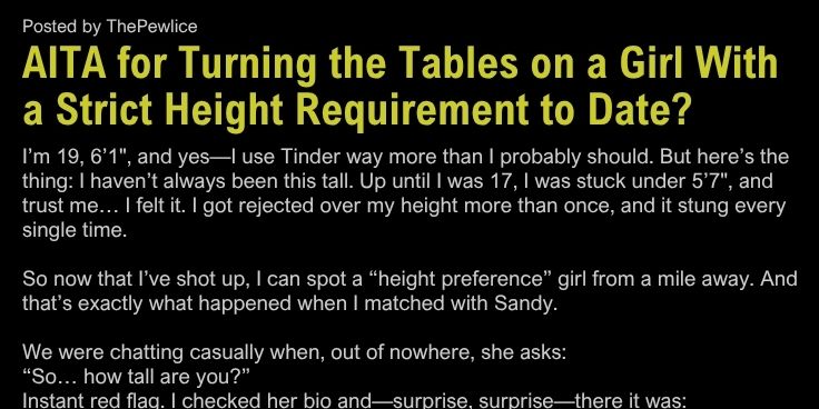 AITA for Turning the Tables on a Girl With a Strict Height Requirement ...