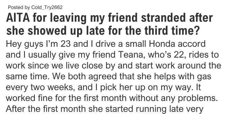 AITA for leaving my friend stranded after she showed up late for the ...