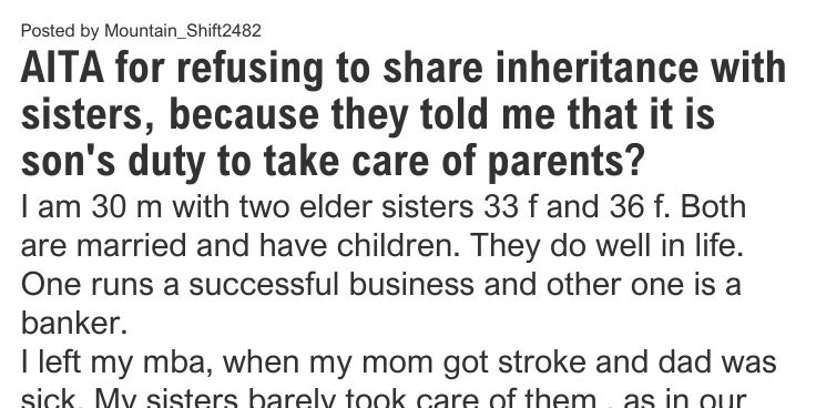 AITA for refusing to share inheritance with sisters, because they told ...