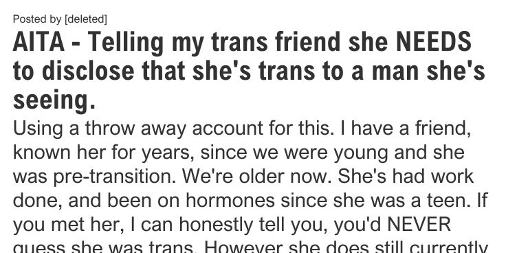AITA - Telling my trans friend she NEEDS to disclose that she's trans ...