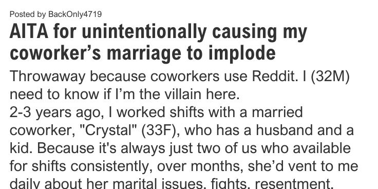 AITA for unintentionally causing my coworker’s marriage to implode