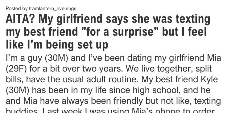 AITA? My girlfriend says she was texting my best friend "for a surprise ...